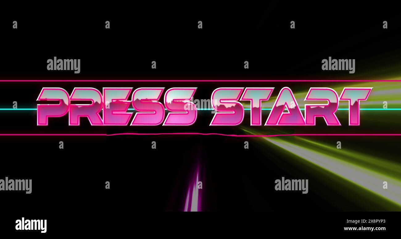Image of press start text over neon light trails on black background ...