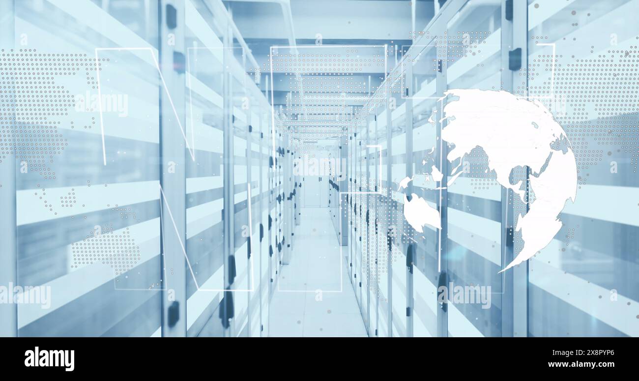 Image of nft text banner, spinning globe and light trails against computer server room Stock ...