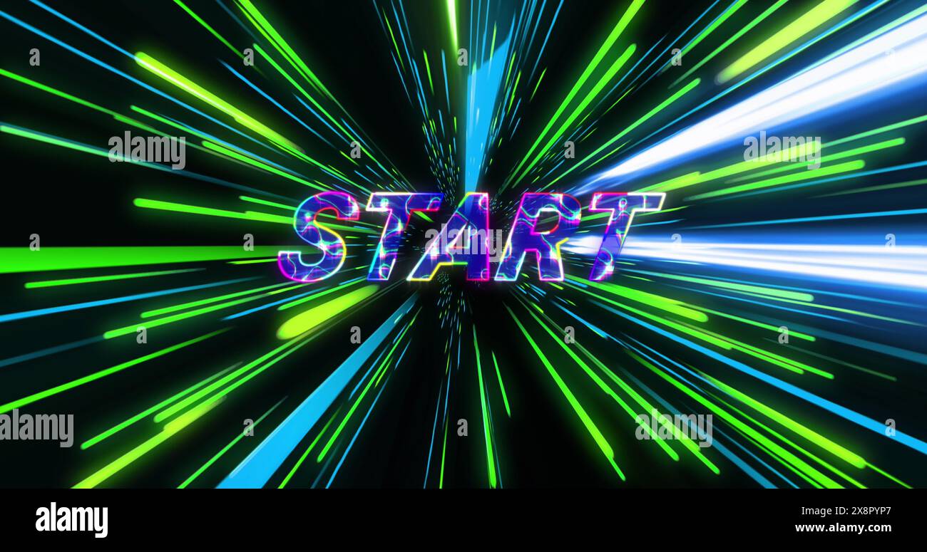 Image of start text over neon light trails on black background Stock ...