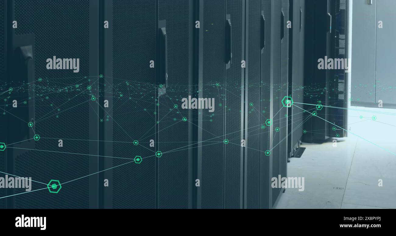 Image of network of connections and data processing against server room ...