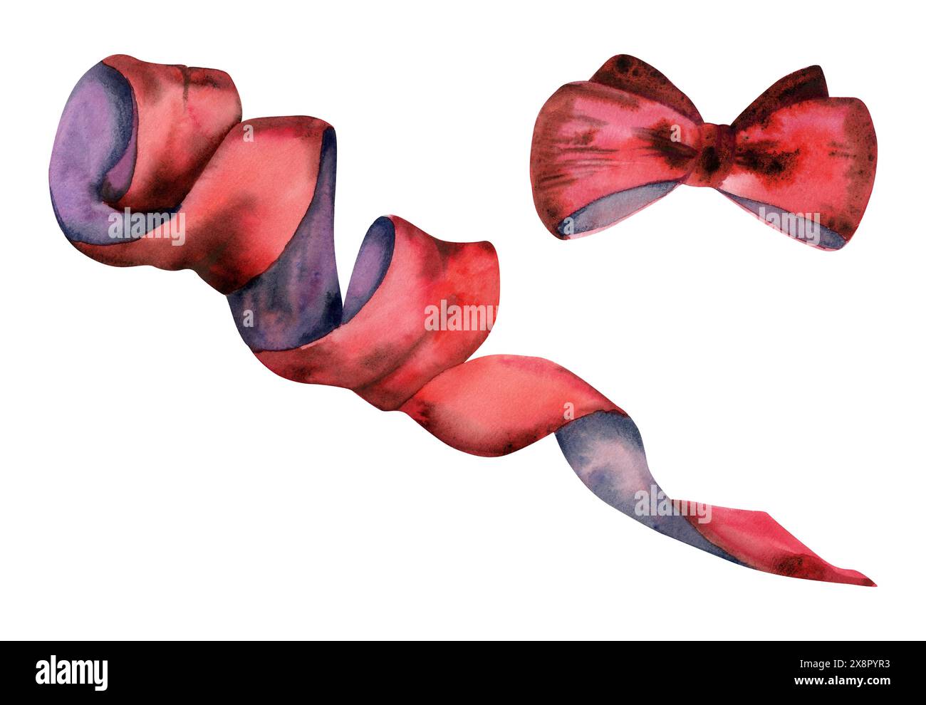 Red ribbon bow tie braid fabric. Hand drawn watercolor illustration ...