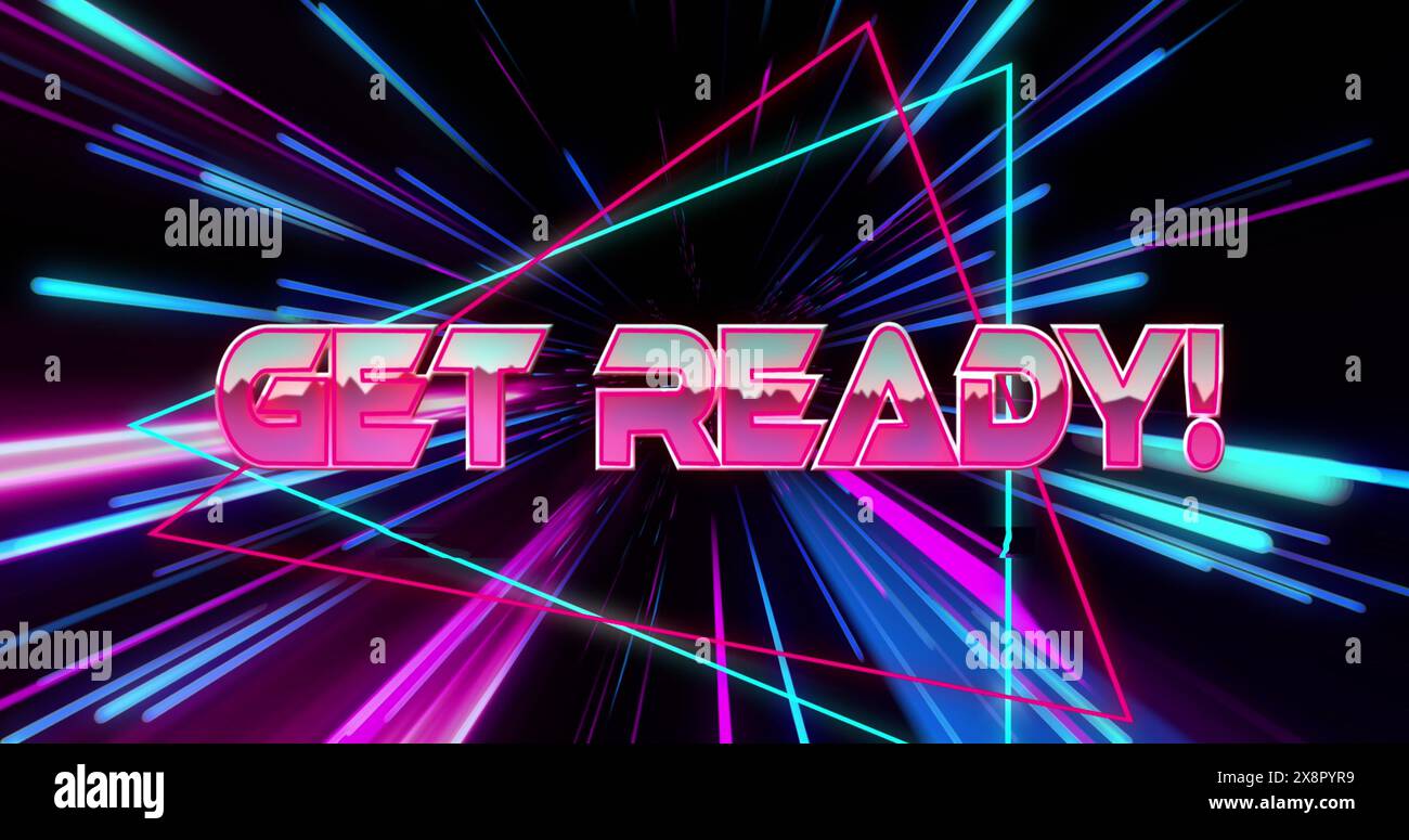 Image of get ready text over neon light trails on black background ...