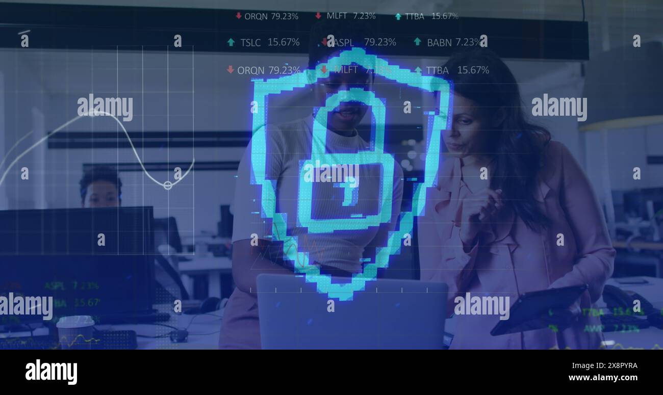 Image of security padlock and data processing over diverse business ...