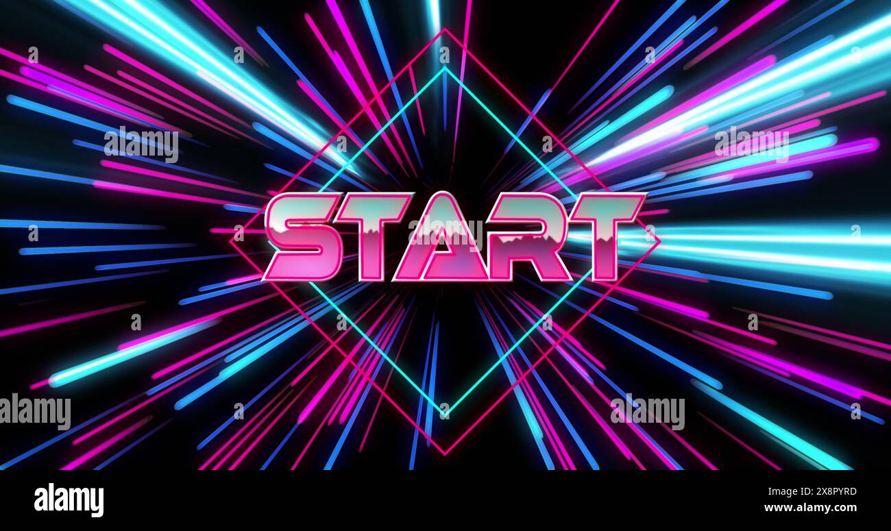 Image of start text over neon light trails on black background Stock ...