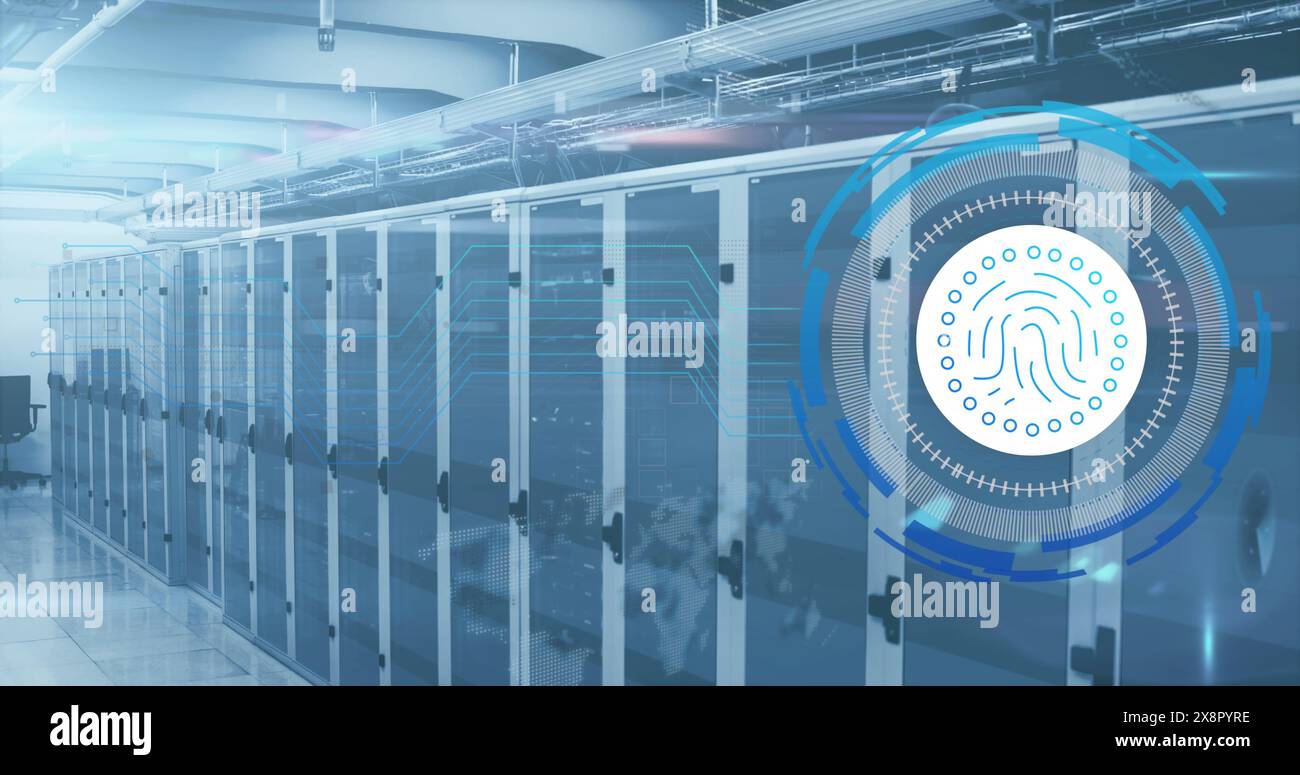 Image of biometric fingerprint scanner and light trails against ...