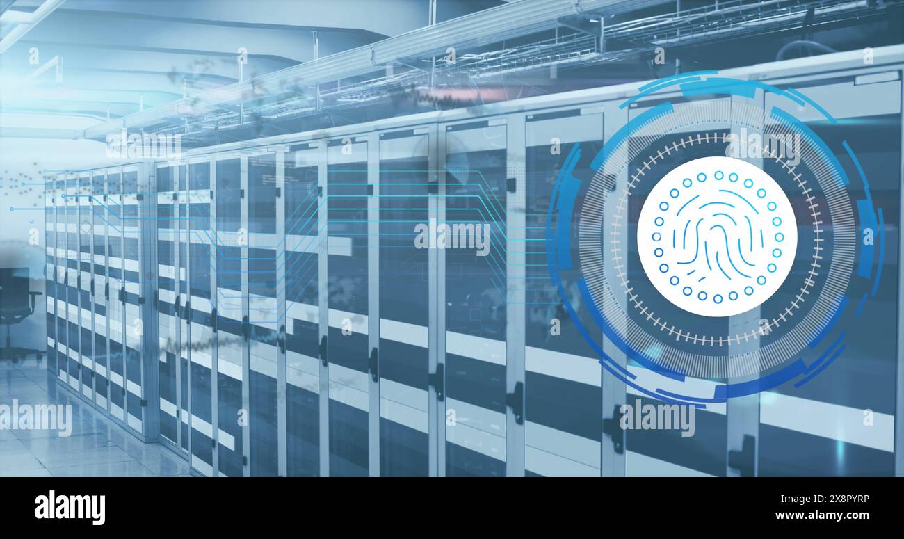 Image of biometric fingerprint scanner and light trails against ...