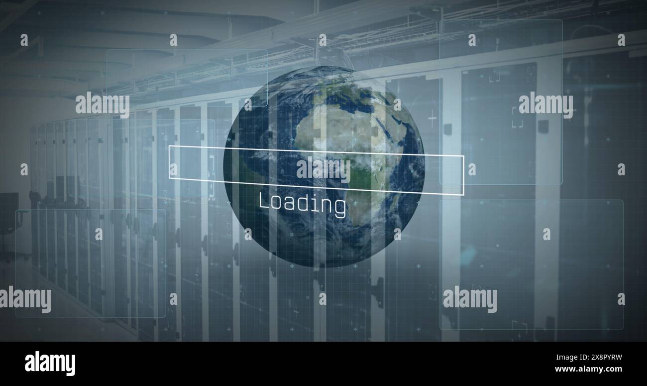 Image of interface with data processing over spinning globe against computer server room Stock ...