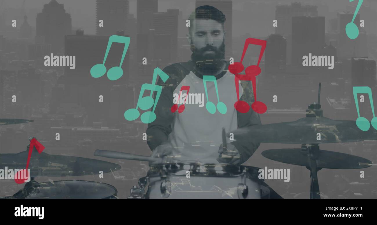 Image of notes and cityscape over silhouette of caucasian male drummer ...