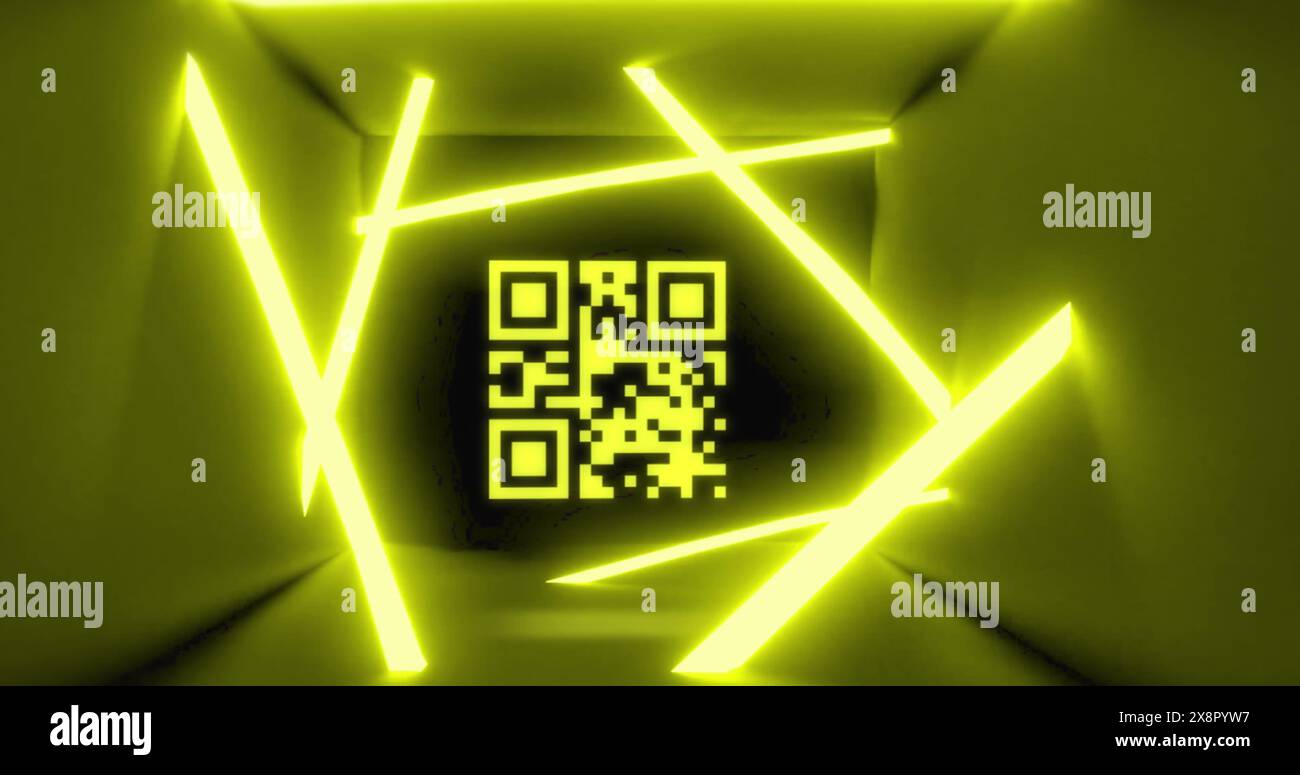 Image of glowing qr code over neon lines Stock Photo - Alamy
