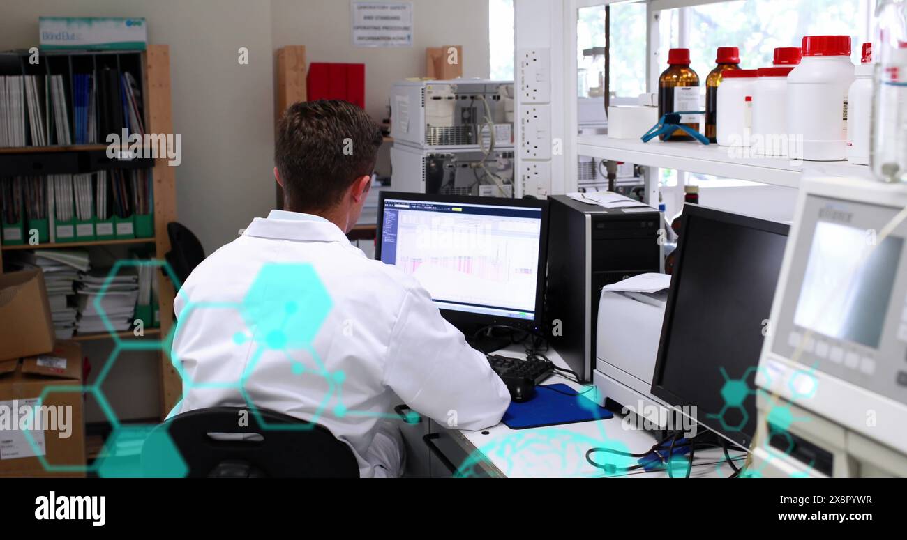 Image of scientific data processing over caucasian male scientist with ...