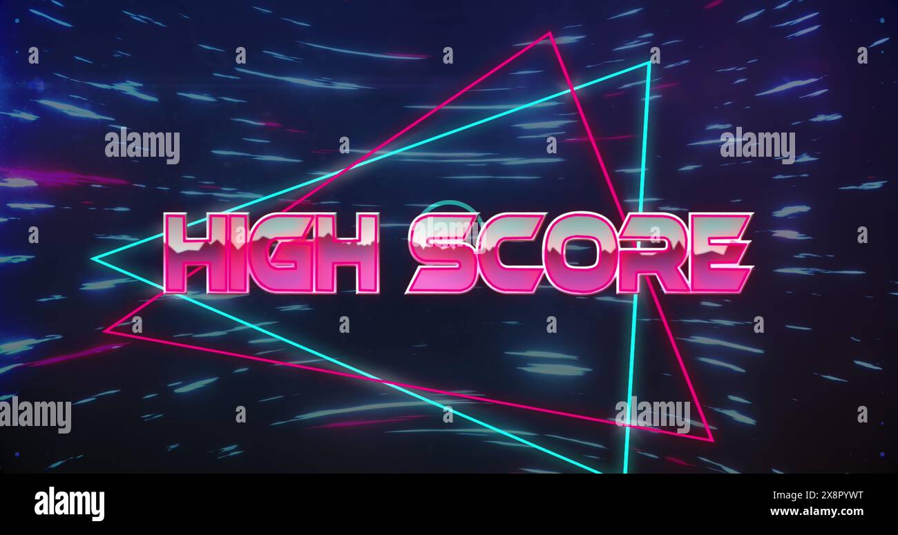 Image of high score text on triangular banner and blue light trails ...