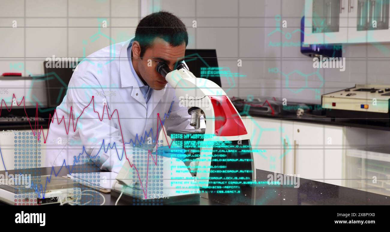 Image of scientific data processing over biracial male scientist with ...