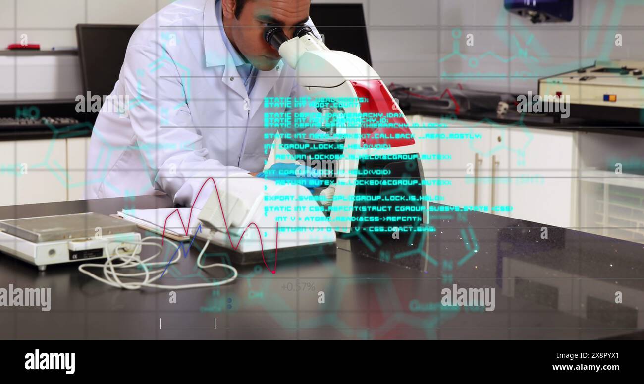 Image of scientific data processing over biracial male scientist with ...