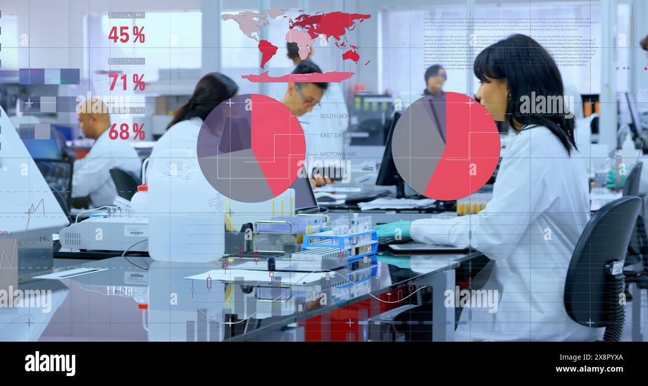 A group of scientists are working together in a laboratory, researching and conducting ...