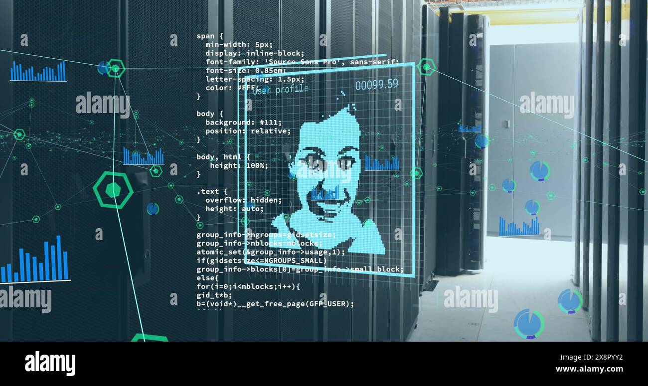 Image of changing profile icons, network of connections and data processing against server room ...