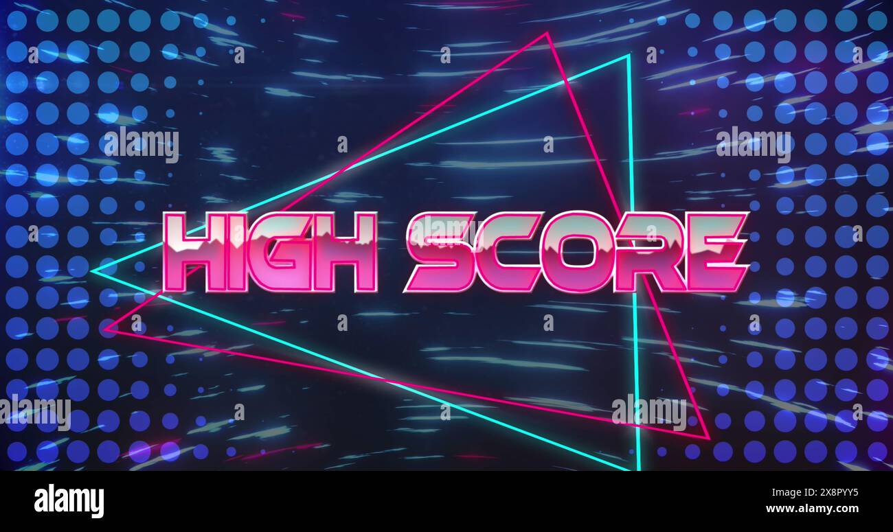 Image of high score text on triangular banner and blue light trails ...