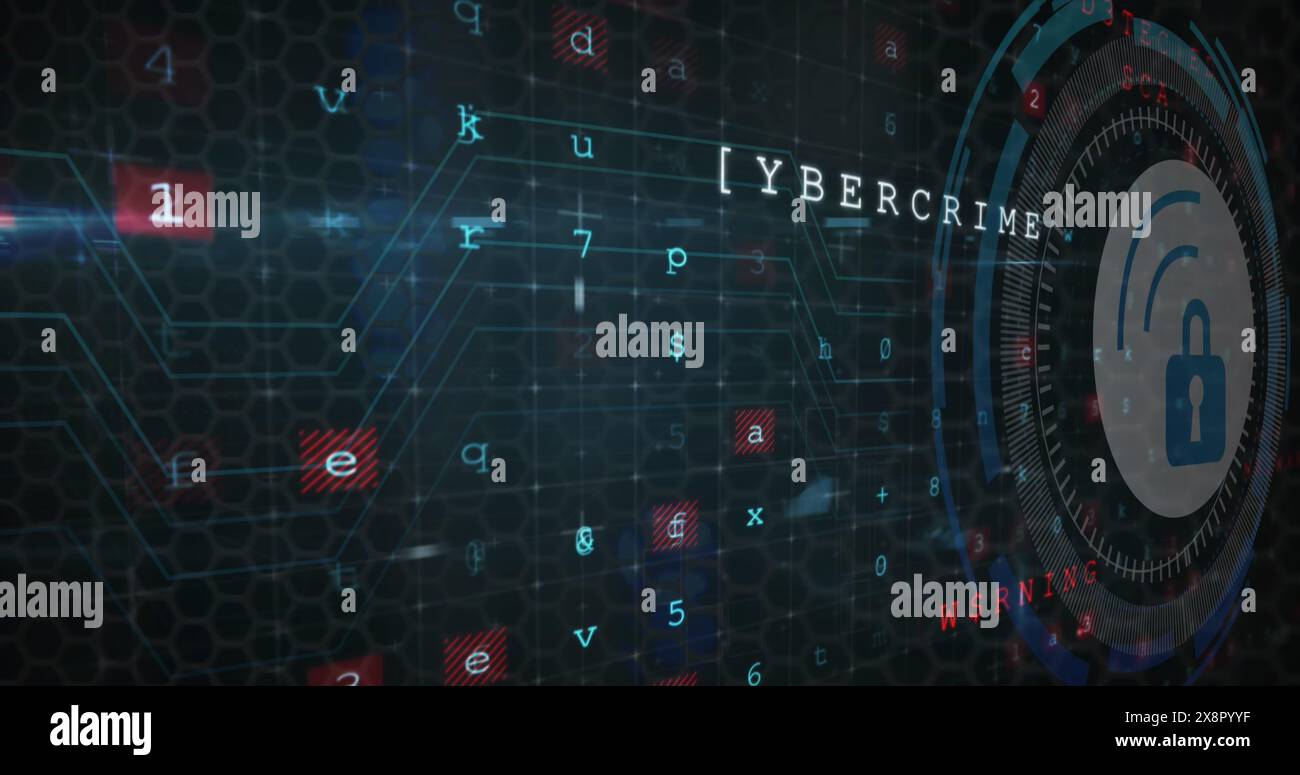 Image Of Security Padlock Icon Over Round Scanner Against Cyber Security Data Processing Stock