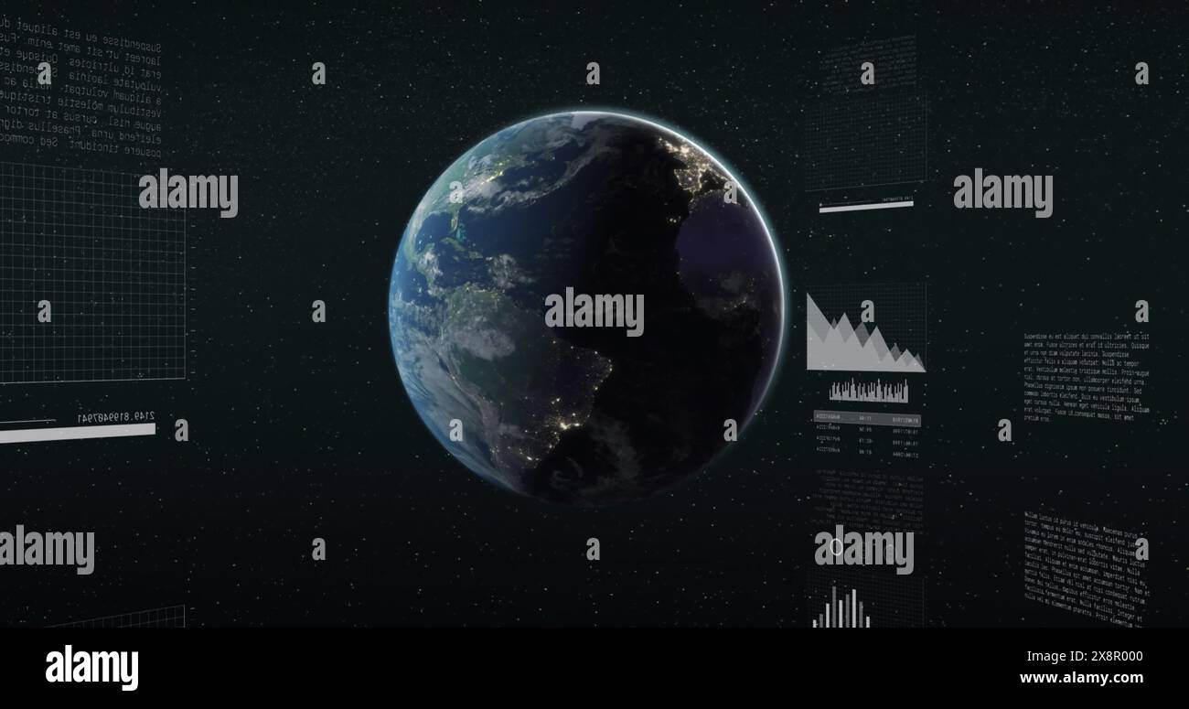 Image of statistical data processing against spinning globe in space Stock Photo - Alamy