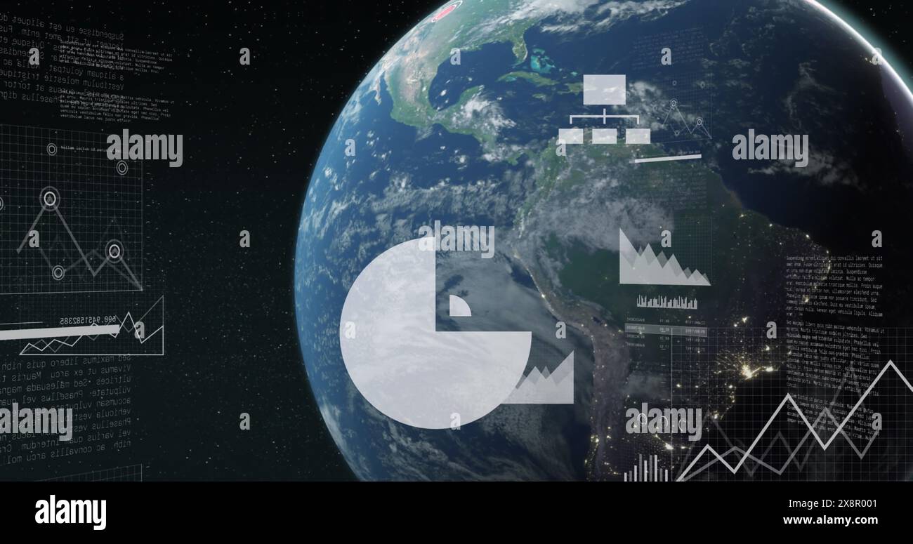 Image of statistical data processing against spinning globe in space Stock Photo - Alamy