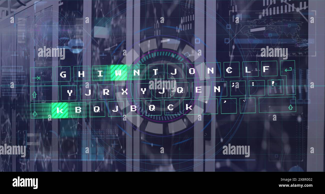 Image of round scanner, virtual keyboard and network of connections ...