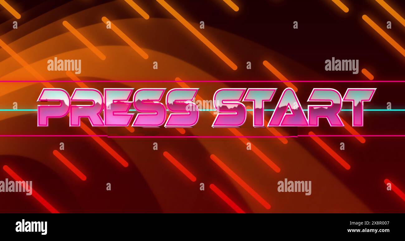 Image of press start text banner over orange digital waves and lines in ...