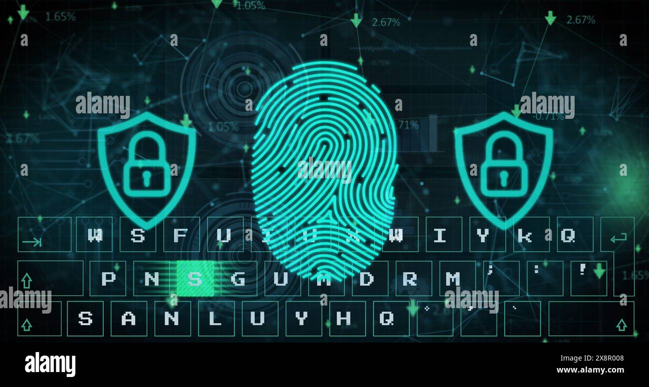 Image of security padlock icon, fingeprint scanner, virtual keyboard ...