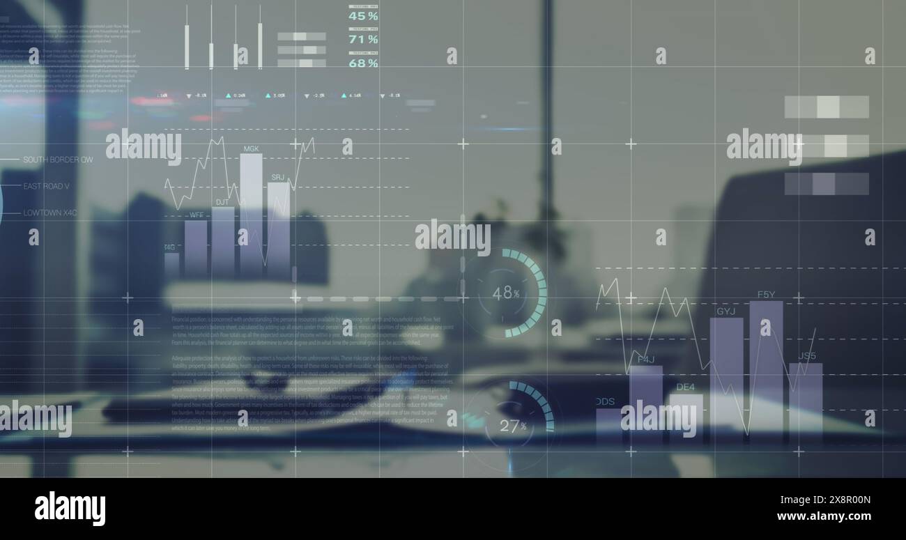 Image of statistical data processing against equipments on office desk Stock Photo - Alamy