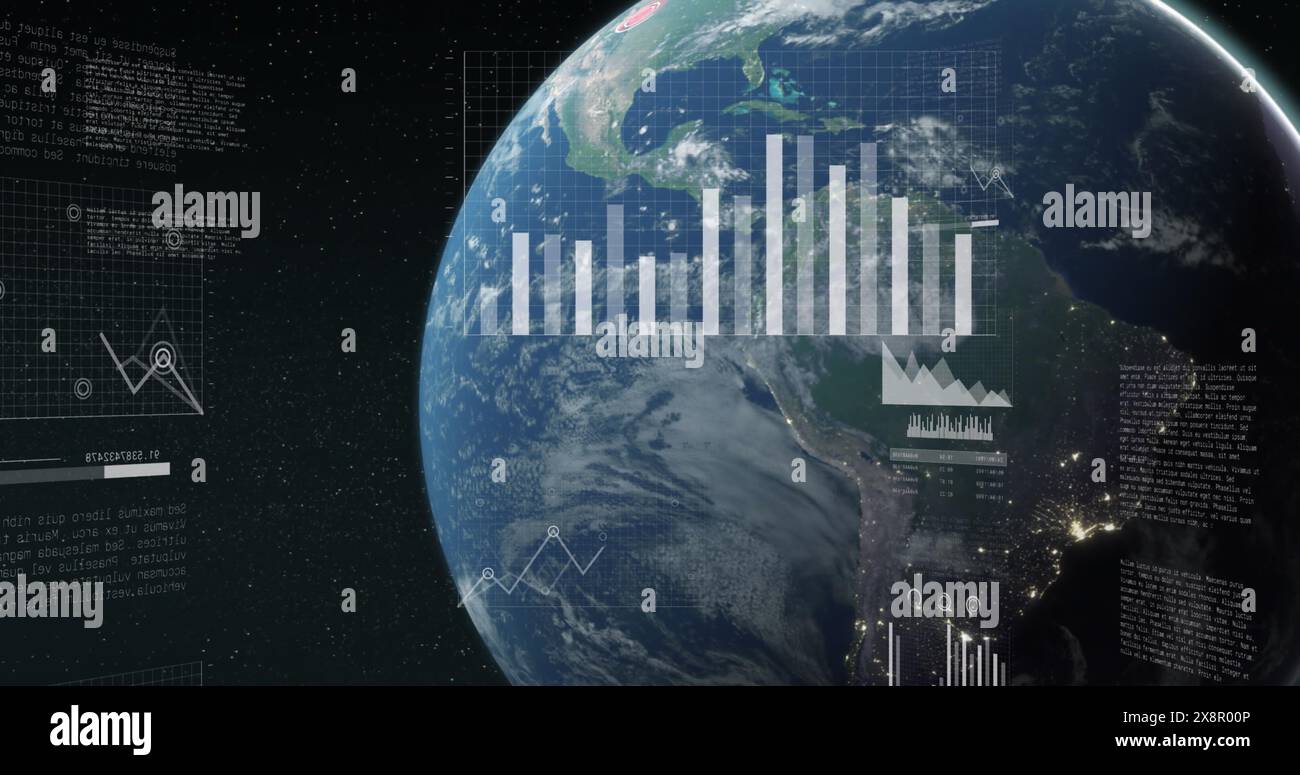 Image of statistical data processing against spinning globe in space ...