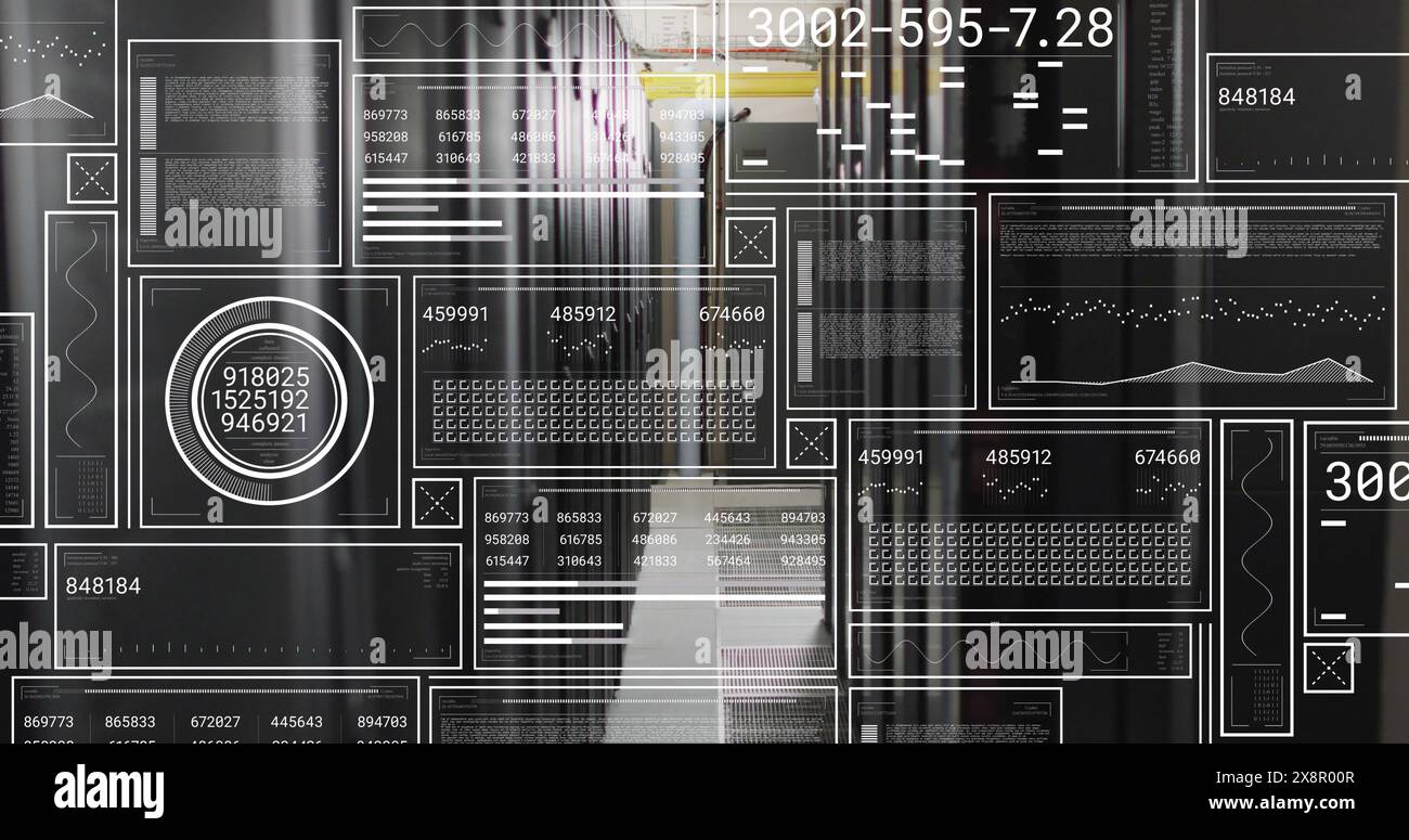 Image of hud screens with graphs, shapes and numbers over data server ...