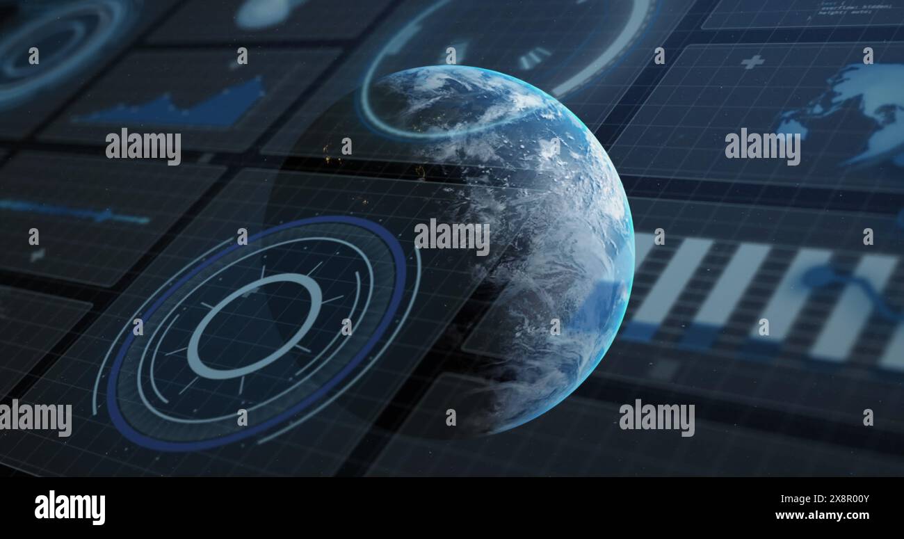 Image of interface with data processing against spinning globe in space ...