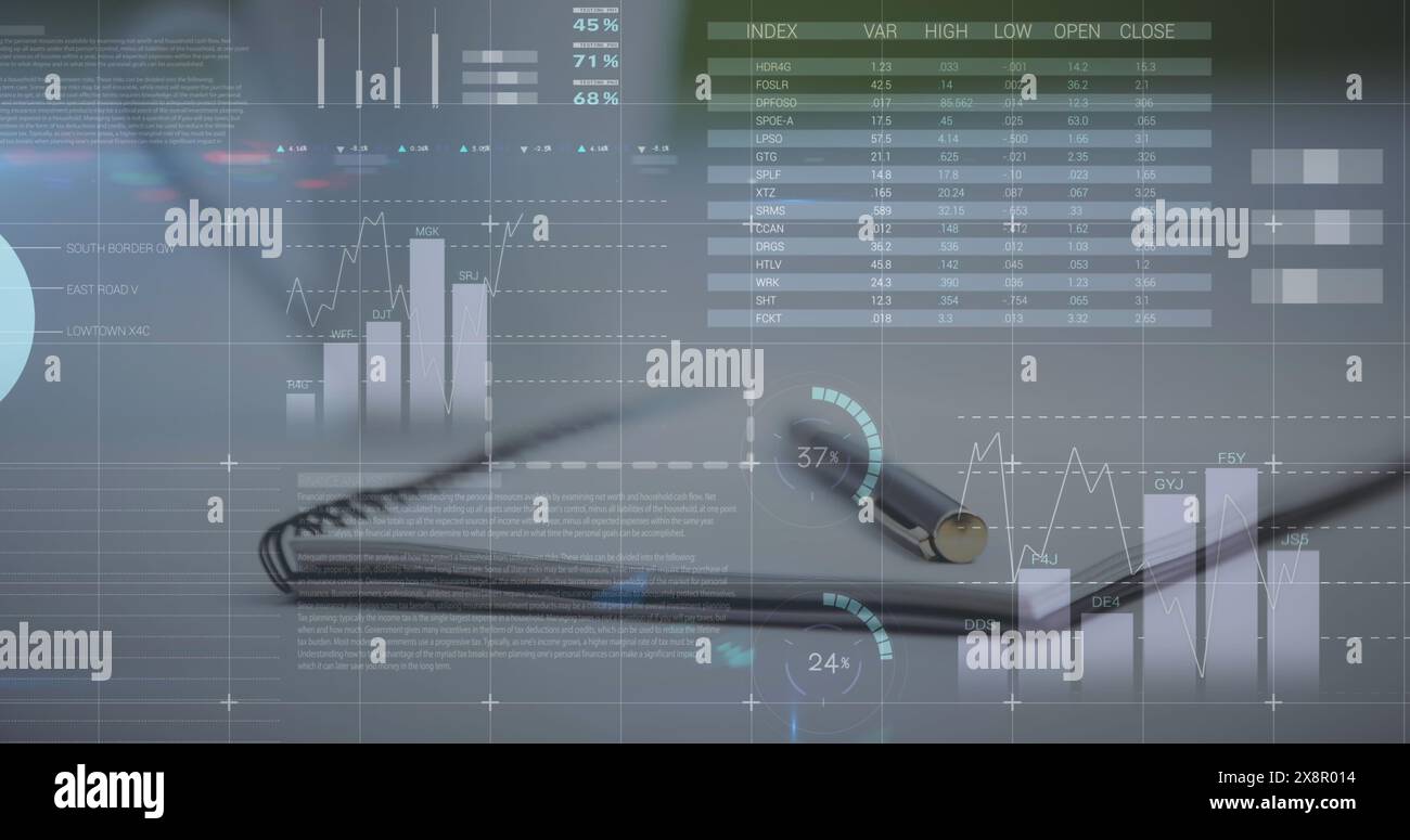 Image of statistical data processing against close up view of a pen and diary on office table ...