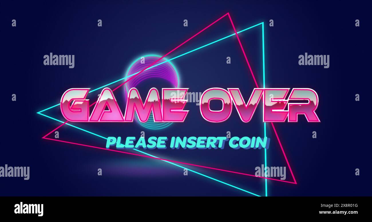 Image of game over text on triangular banner over spiral shape spinning ...