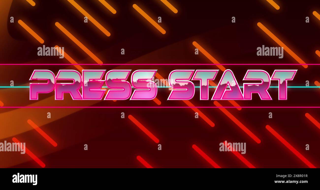 Image of press start text banner over orange digital waves and lines in ...