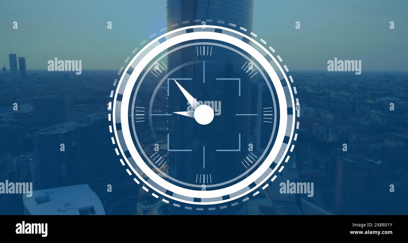 Image Of Scope Scanning Over Ticking Clock Icon Against Aerial View Of