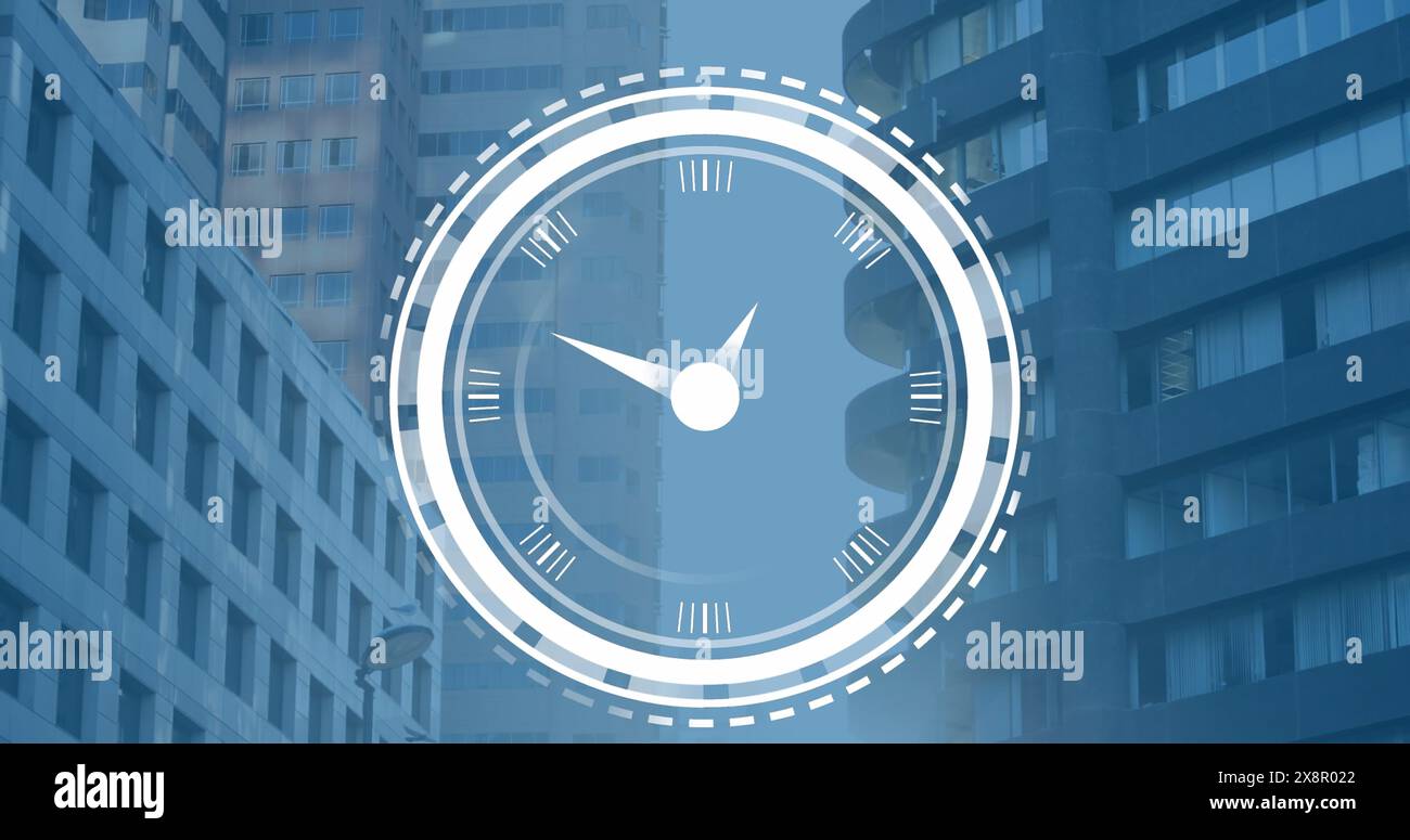 Image of ticking clock icon against view of tall buildings Stock Photo ...