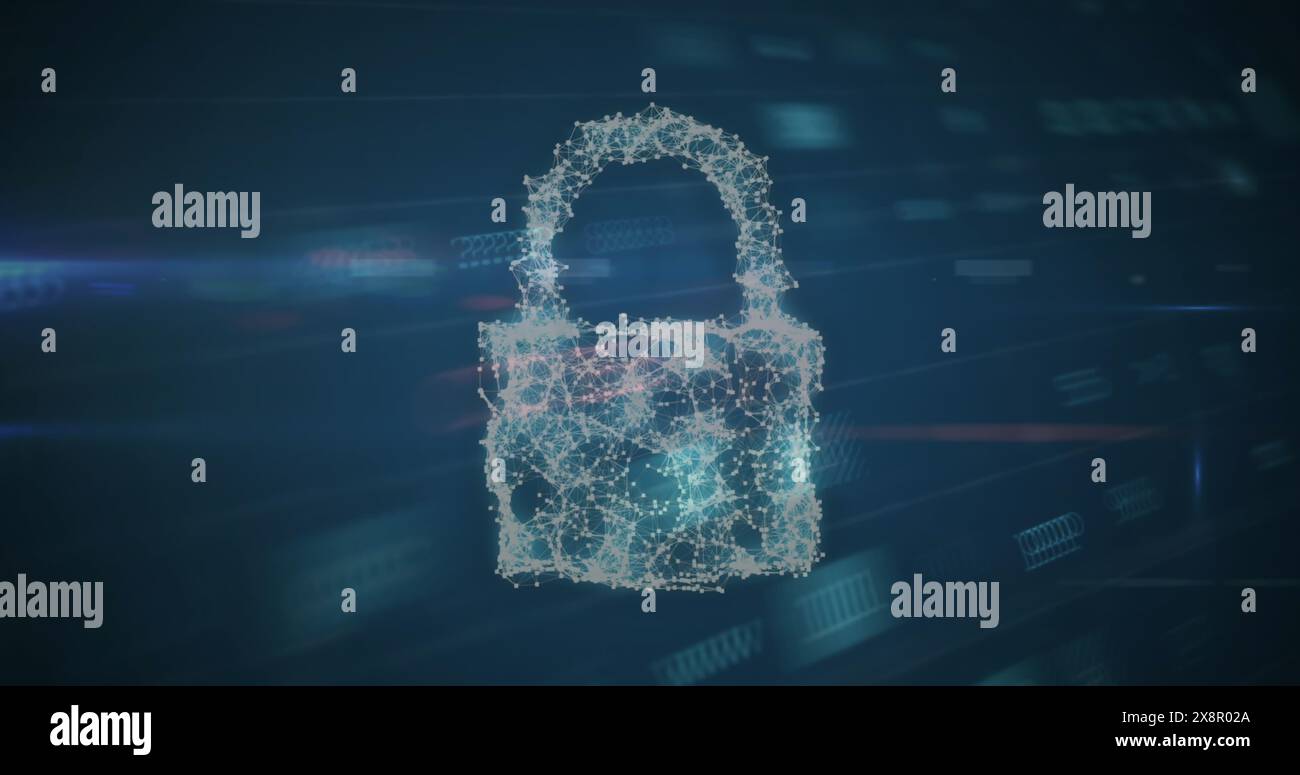 A digital lock icon composed of interconnected points and lines is ...