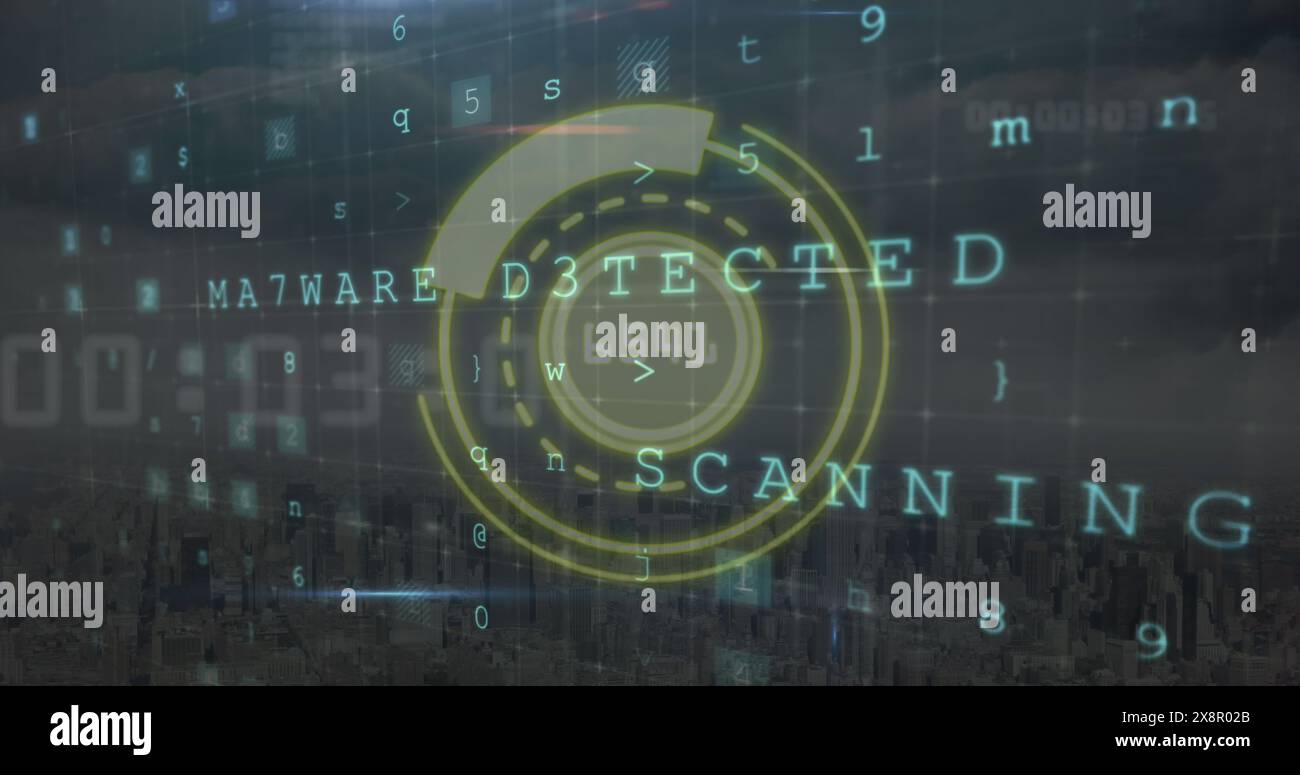 Image of round scanner over cyber security data processing against aerial view of cityscape ...