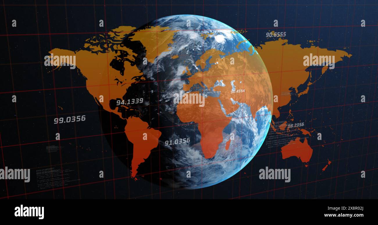 Image of data processing over world map against spinning globe in space ...