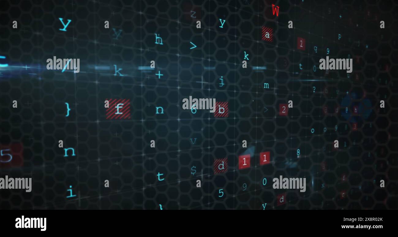 Digital code and symbols are floating on dark, hexagonal grid background Stock Photo - Alamy