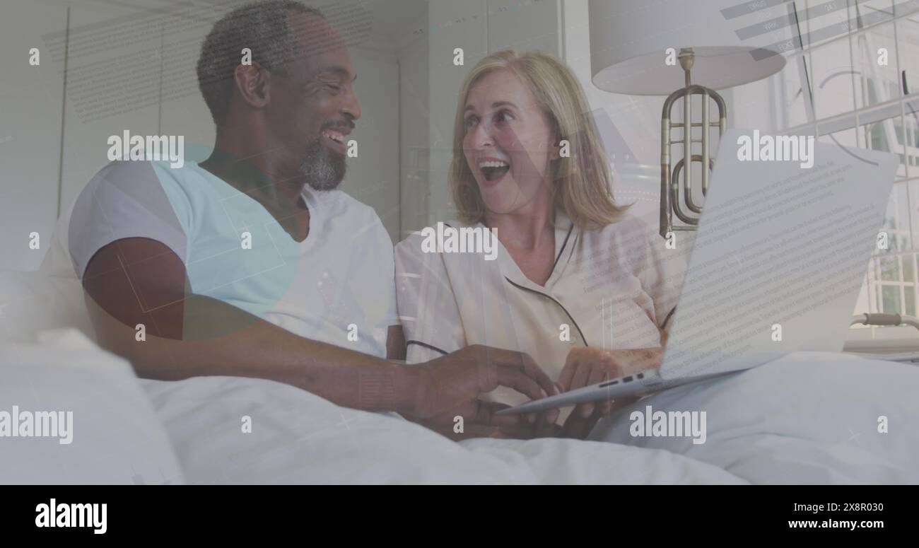 Image of statistical data processing over happy biracial couple using ...