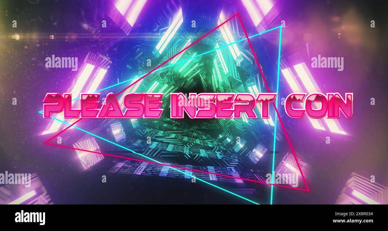 Image of glowing triangles forming tunnel with light trails spinning in ...