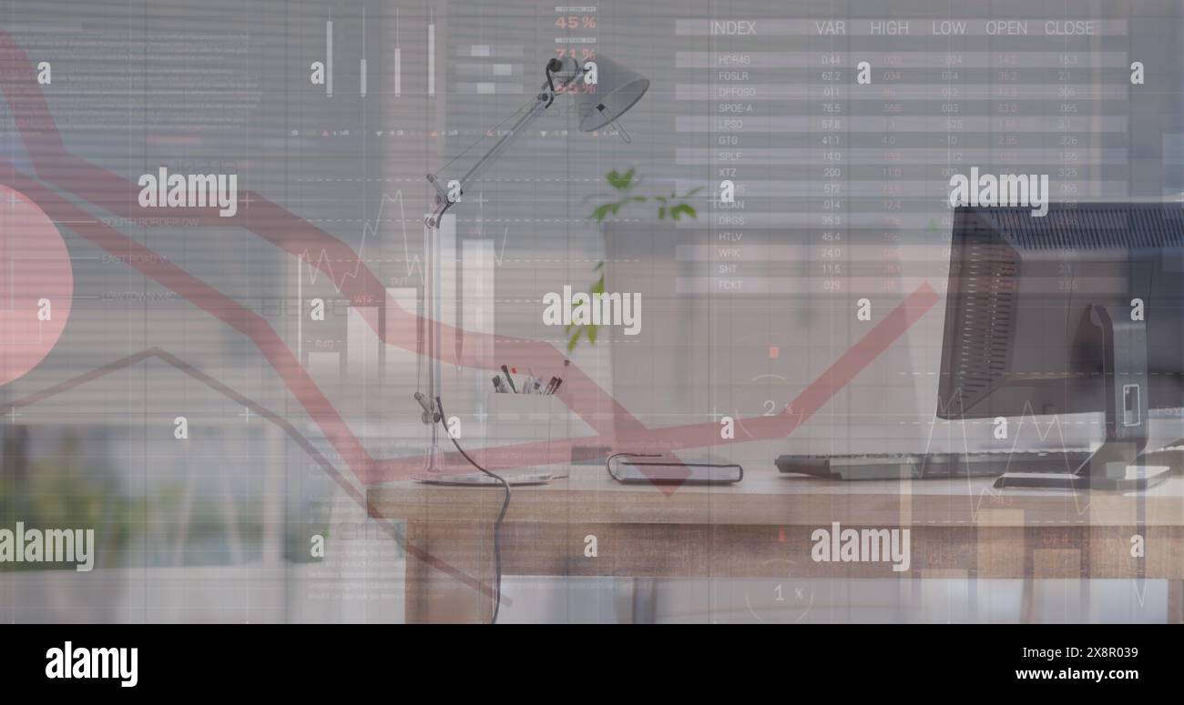 Image of statistical data processing against view of office desk Stock Photo - Alamy