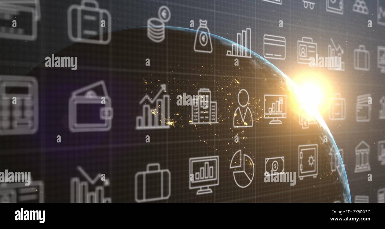 Image of interface with digital icons against spinning globe and light spot in space Stock Photo ...