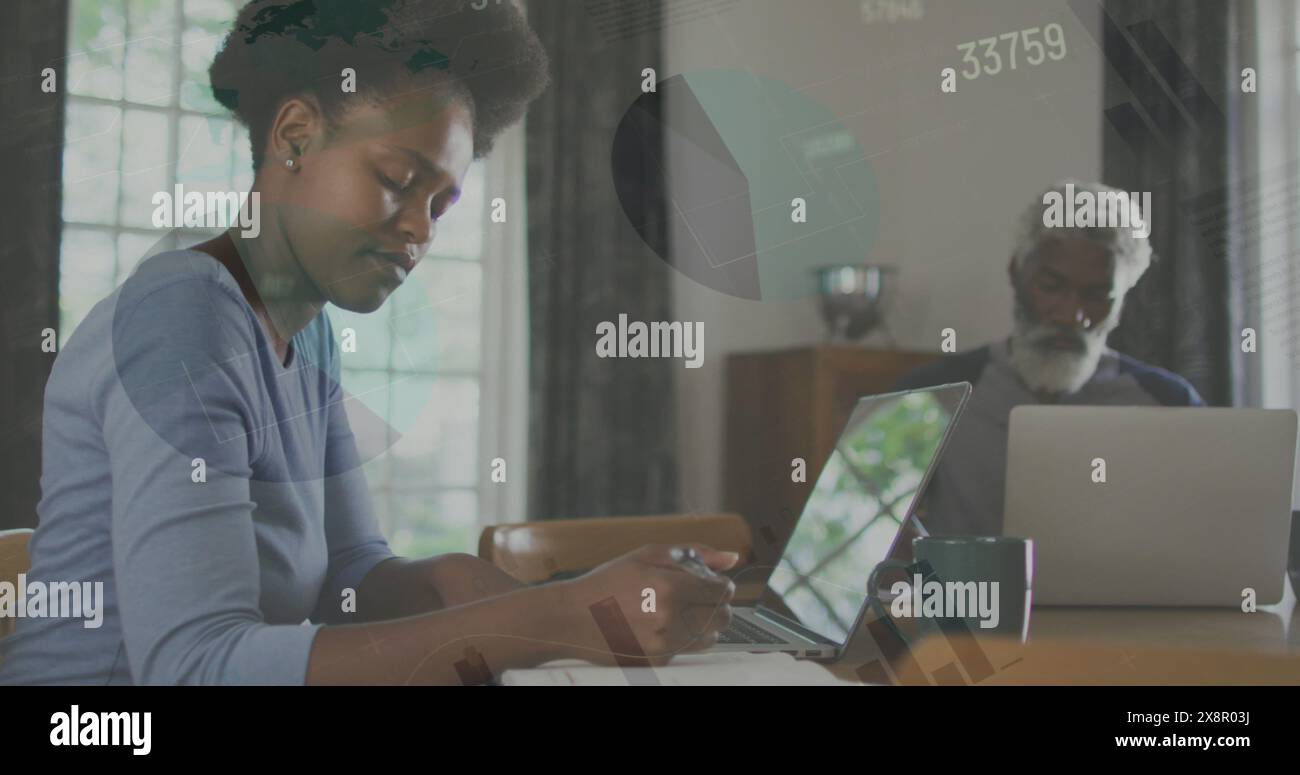 Image Of Statistical Data Processing Against African American Woman Taking Notes At Home Stock