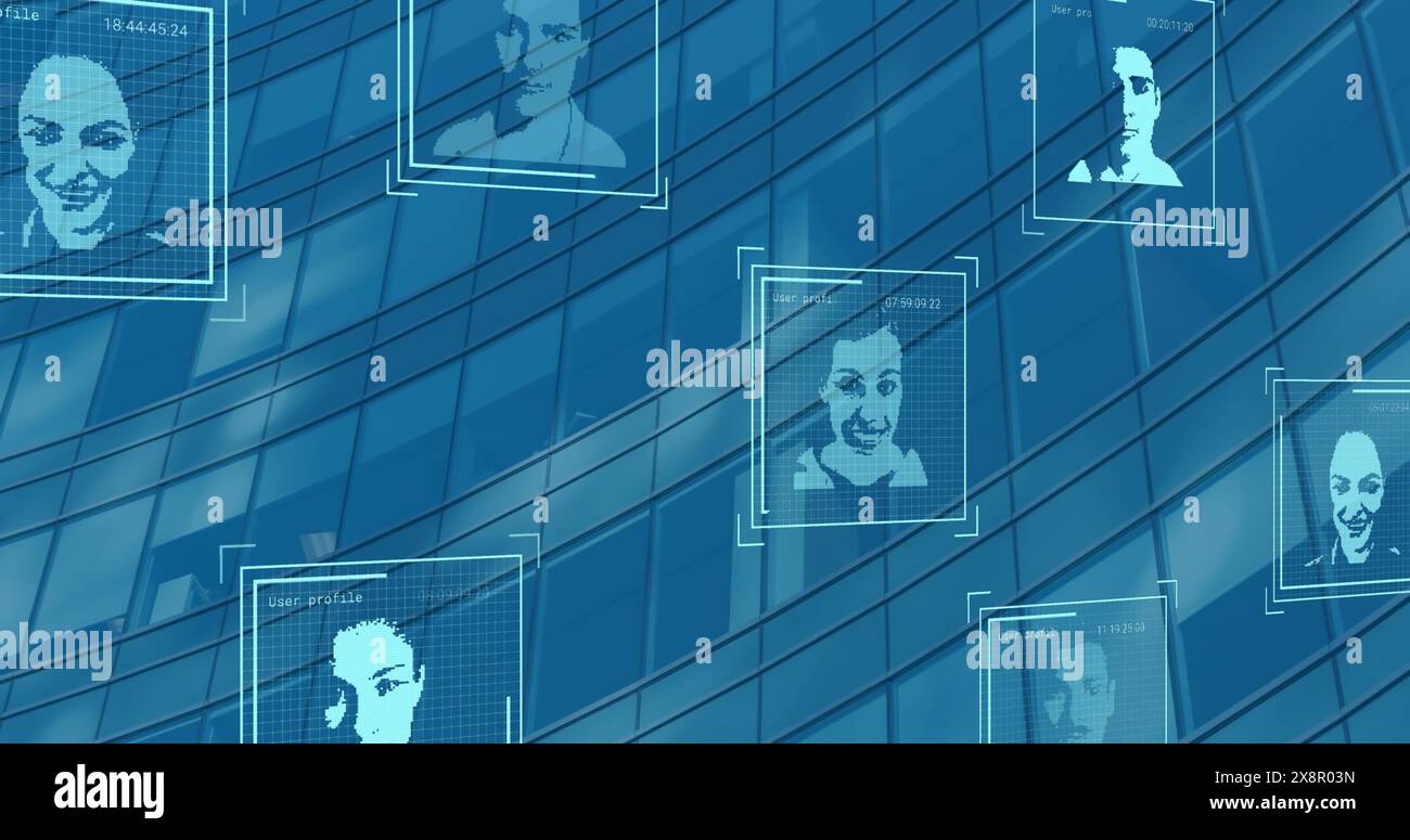 Image of multiple profile icons moving against tall building Stock ...