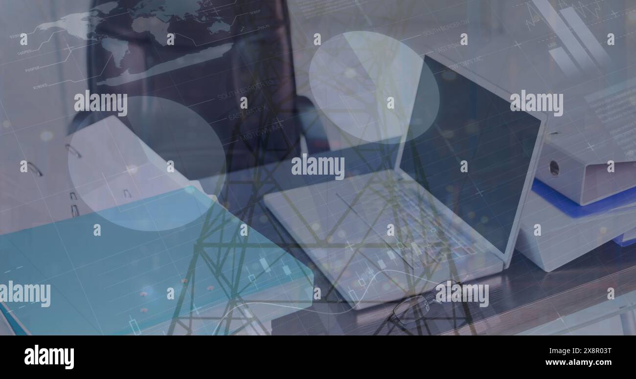 Image of statistical data processing over equipments on office desk against network towers Stock ...