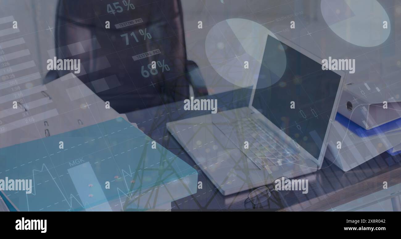 Image of statistical data processing over equipments on office desk against network towers Stock ...