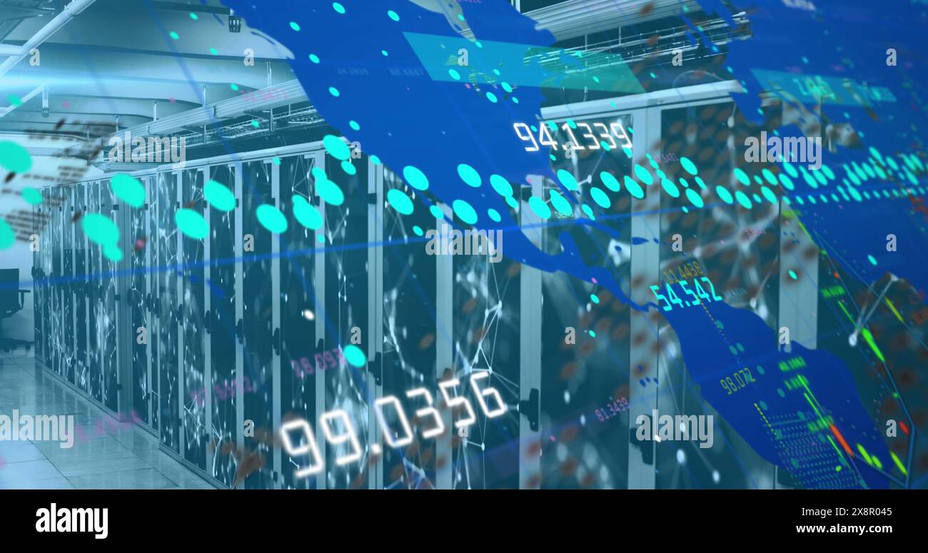 Image of dots, map, changing numbers, connected dots moving over data server racks. Digital ...