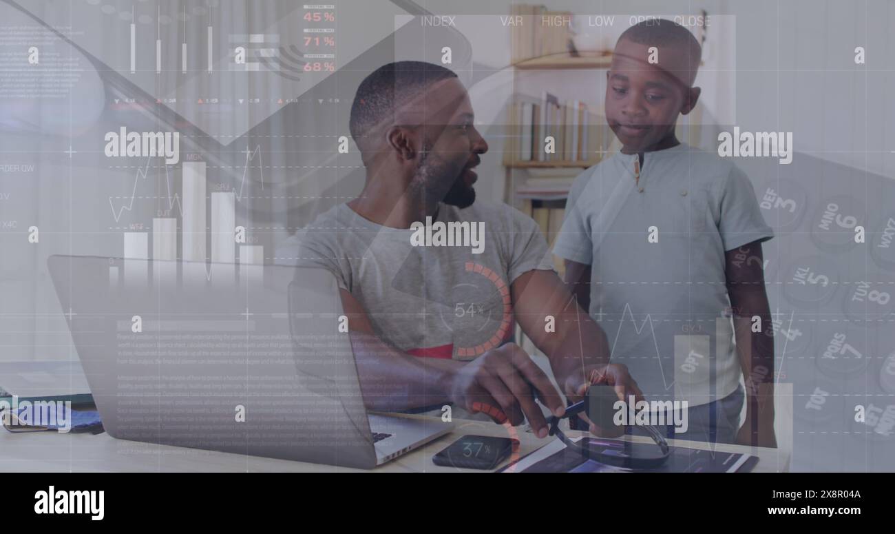 Image Of Statistical Data Processing Over African American Man Talking To His Son While Working