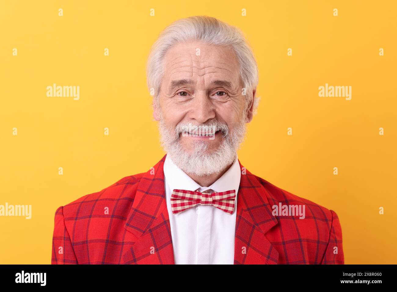 Portrait of grandpa with stylish red suit and bowtie on yellow ...